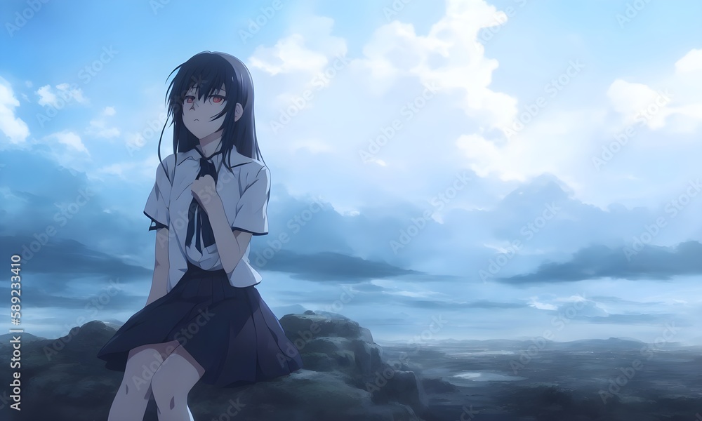 beautiful anime girl seating on beach, HD anime, 4k wallpaper, woman in ...