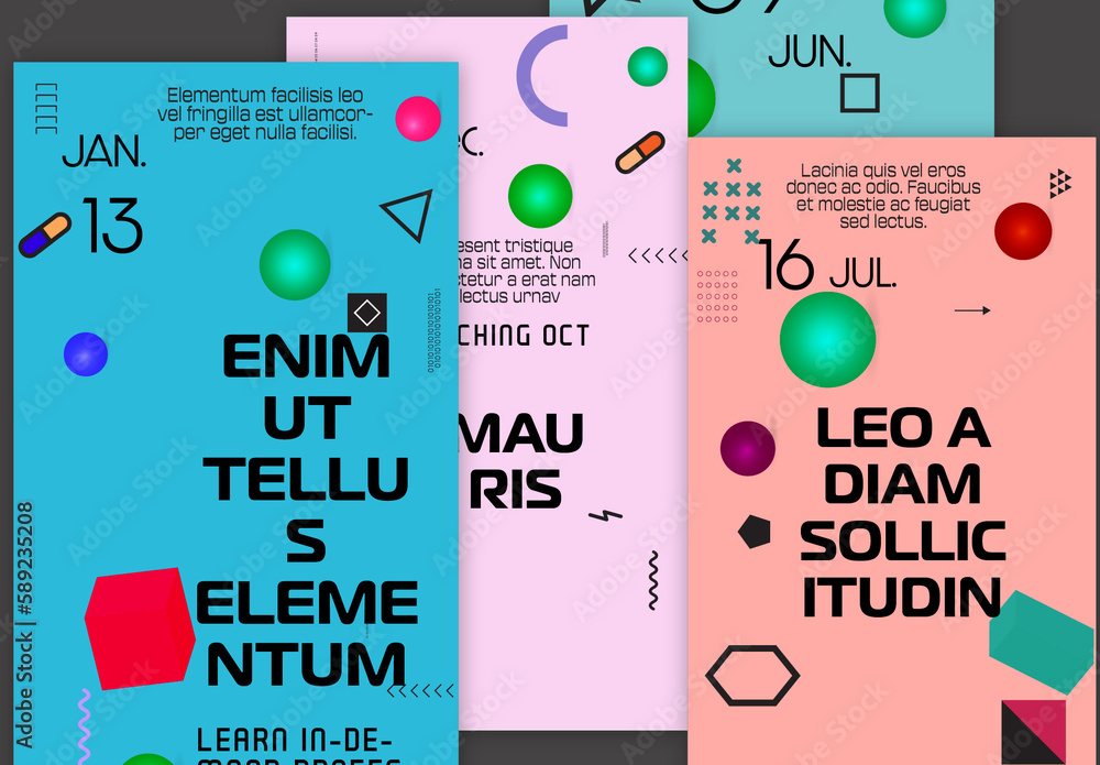 Social Media Post Layout in Memphis style with 3D Geometric Shapes ...