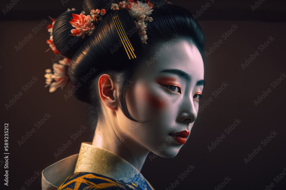Generative AI illustration of young beautiful Asian Geisha in kimono ...