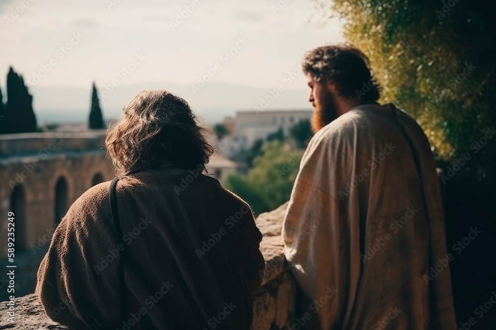 The devil tempts Jesus on the highest point of the temple. Generative ...