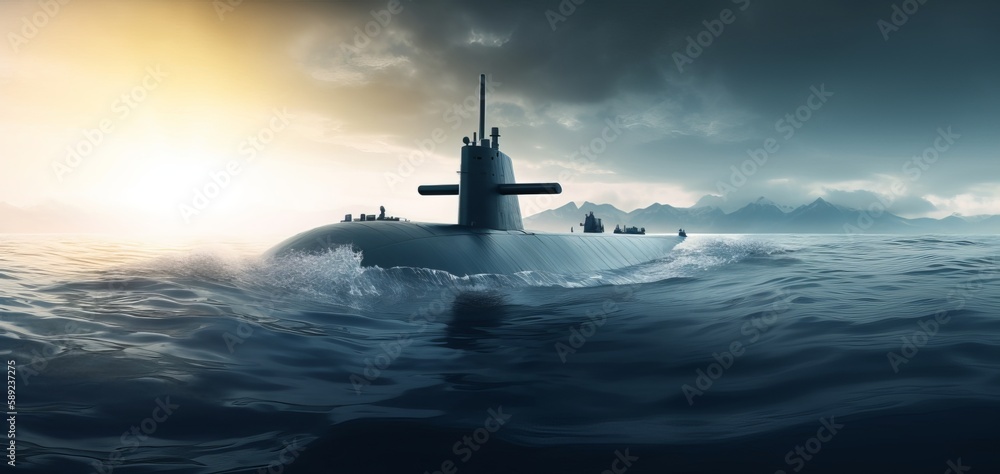 Generic military nuclear submarine floating in the middle of the ocean ...
