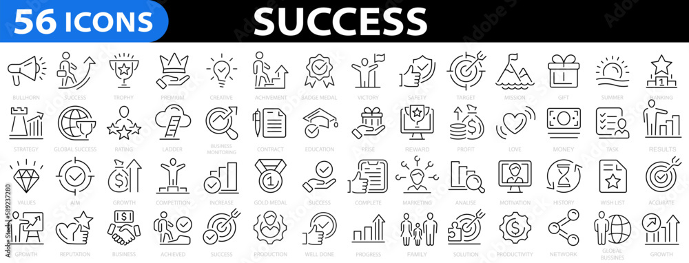 Success 56 icon set. Successful business development, plan and process ...