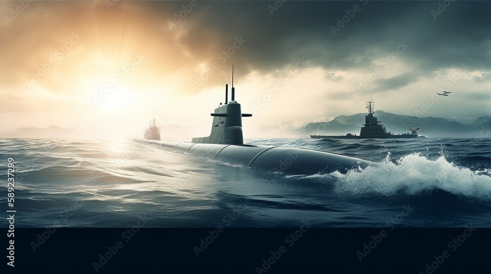 Generic military nuclear submarine floating in the middle of the ocean ...
