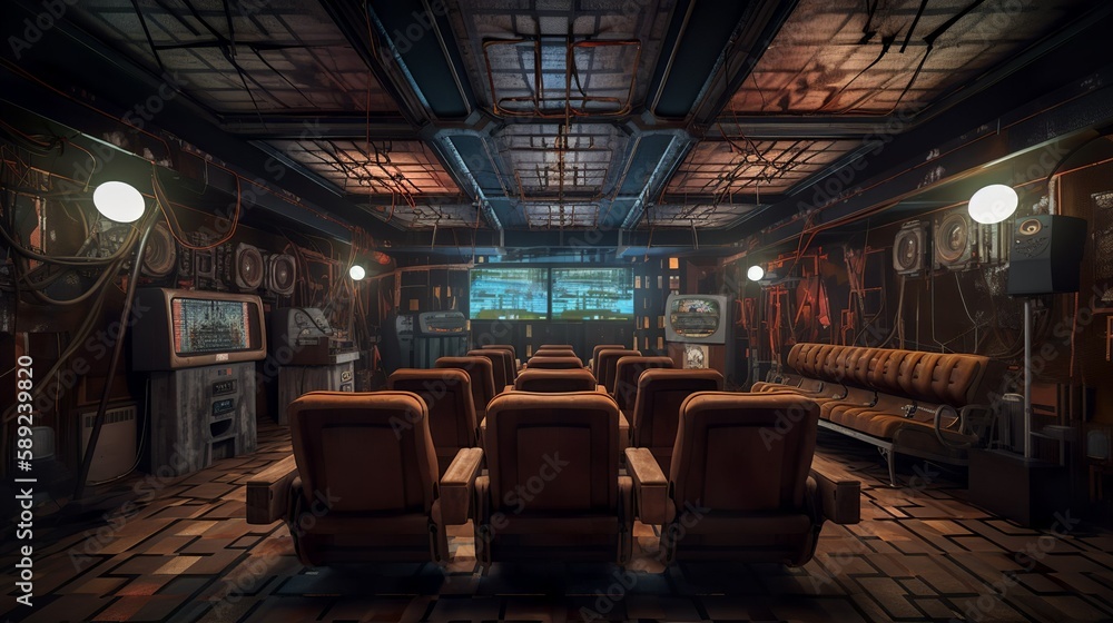 Dark dieselpunk sci-fi victorian theater hall interior with wooden ...