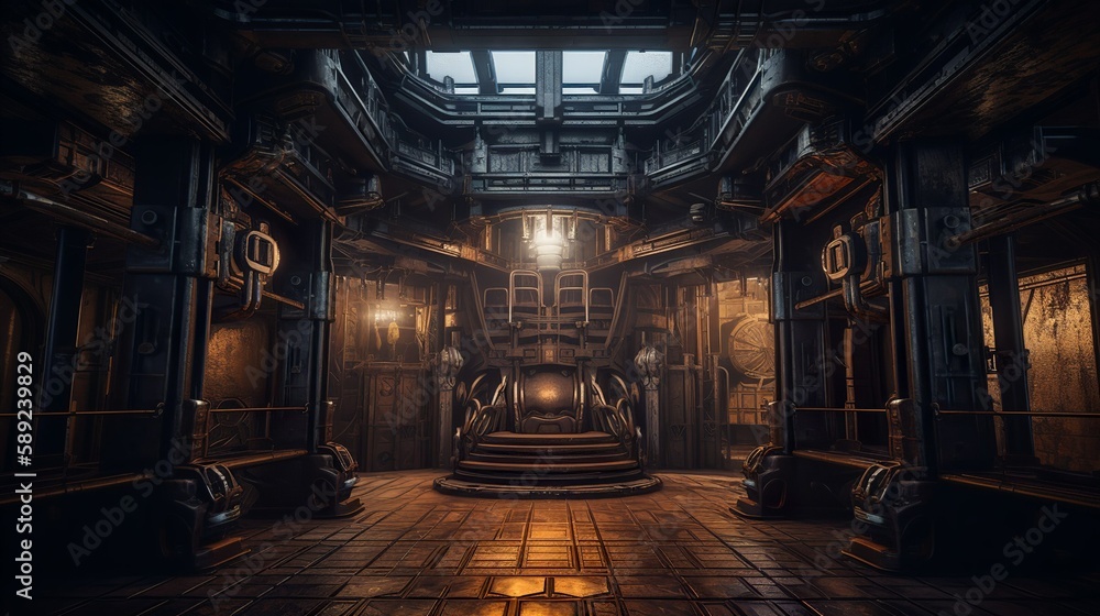 Dark dieselpunk sci-fi victorian theater hall interior with wooden ...