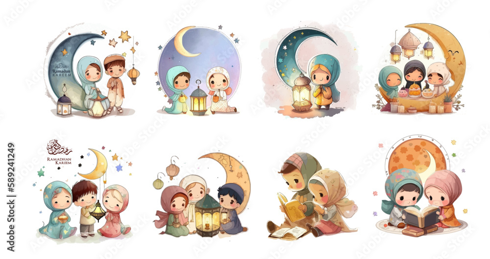 CARTOON KIDS ISLAMIC STICKER FOR EID UL FITR MUBARAK Stock Vector ...
