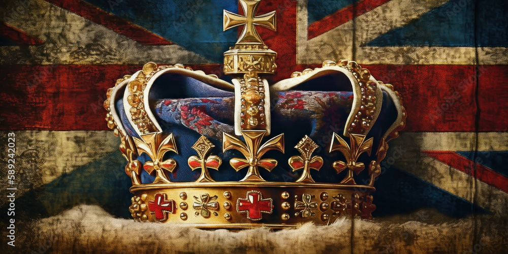 Crown Jewels of the United Kingdom on British flag background, Impasto ...