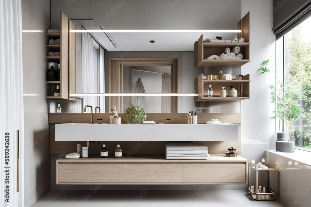 Designing a bathrom modern and sleek aesthetic, rary and artistic feel ...