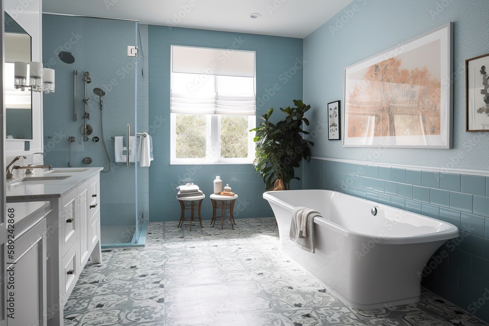 Designing a bathrom modern and sleek aesthetic,tiles,water, spa rary ...