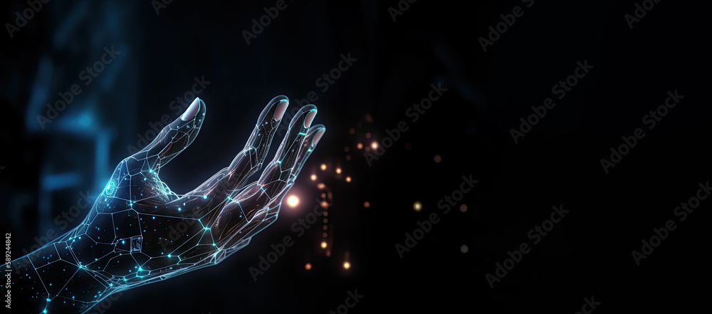 Digital hand hologram on dark background with copy space. Neural ...