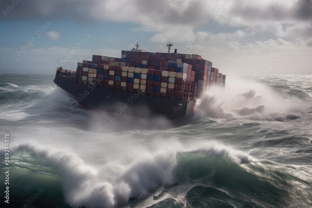 Cargo ship with containers on board in stormy sea. Strong waves damaged ...