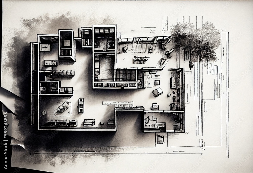 Sketch drawing of a residential or apartment building's layout. Sketch ...