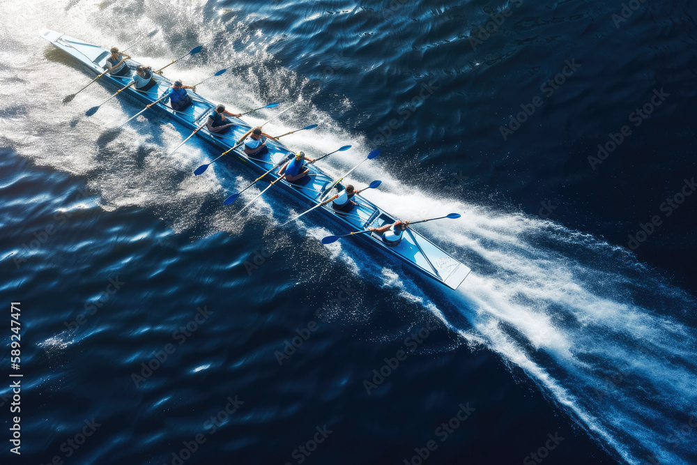 Rowing team on blue water. Top down view. Generative ai. Stock ...