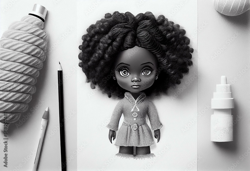 black doll on white background in pencil drawing style. Generative AI ...