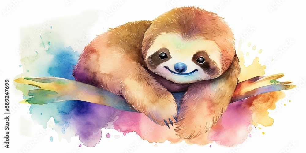 colorful watercolor baby sloth illustration Generative AI art Stock ...