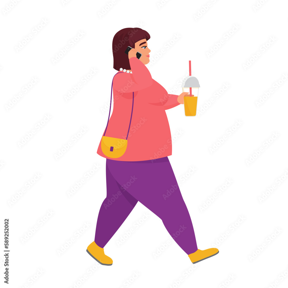 Walking fat woman talking on phone. Obese lady going for a walk vector ...