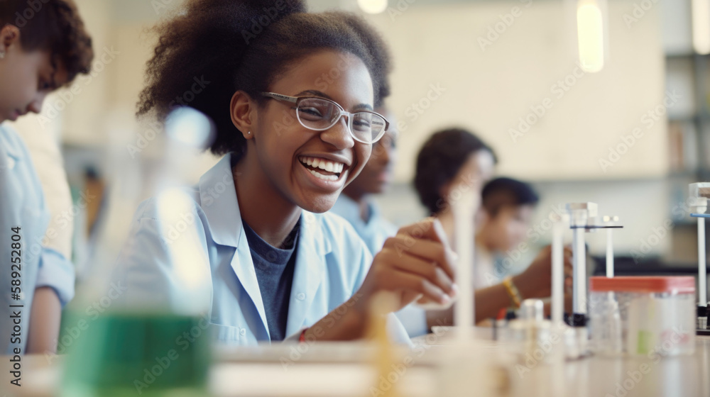 Excited Black Teenage Girl Conducting Science Experiment in High School ...