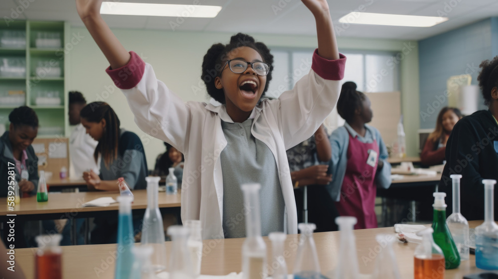 Excited Black Teenage Girl Conducting Science Experiment in High School ...