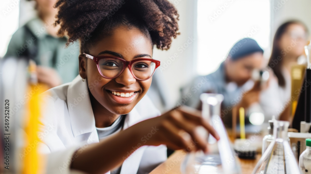 Excited Black Teenage Girl Conducting Science Experiment in High School ...