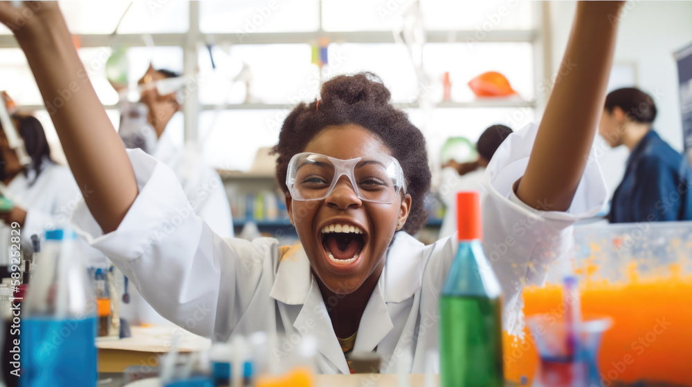 Excited Black Teenage Girl Conducting Science Experiment in High School ...