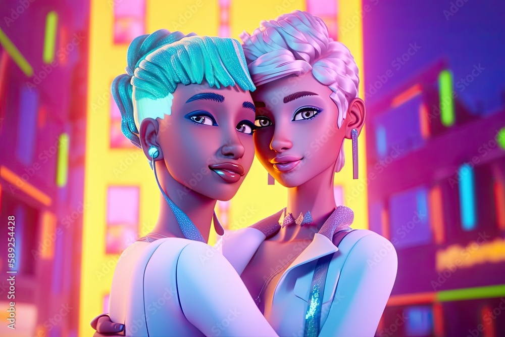 LGBT LGBTQ lesbian couple married in the Metaverse. Metaverse Avatar on ...