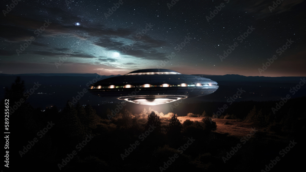 silver flying saucer hovers above a dark, starry sky, its bright lights ...