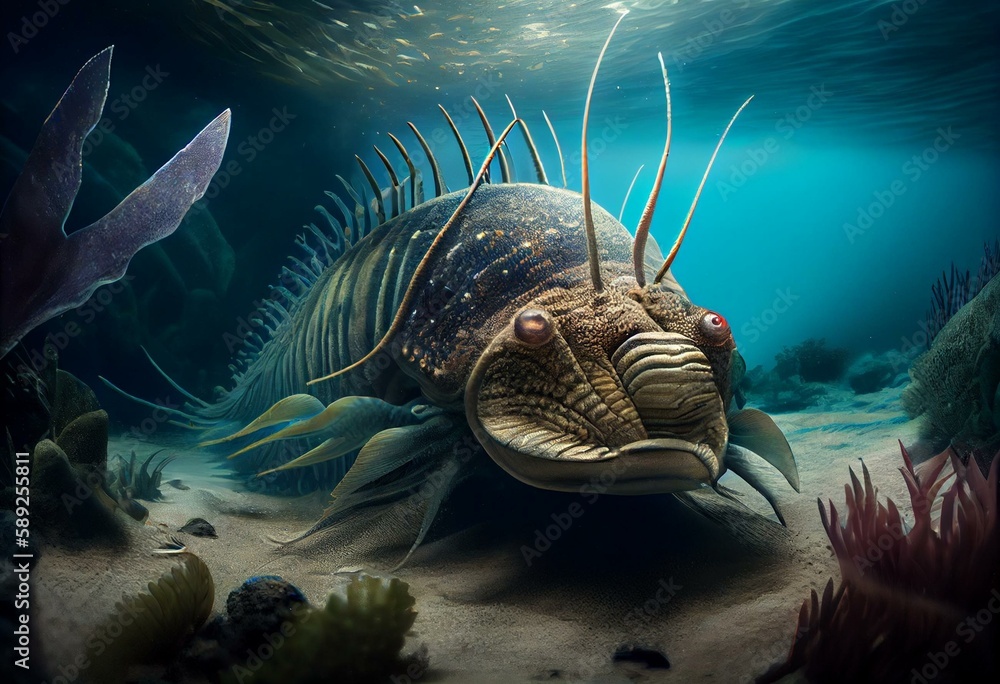 creatures of the Cambrian period, underwater scene with Anomalocaris ...