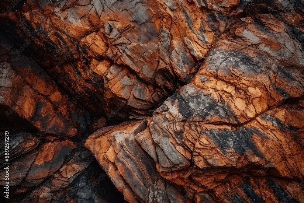 Brown rock texture close-up with cracks. Rough mountain surface. Stone ...