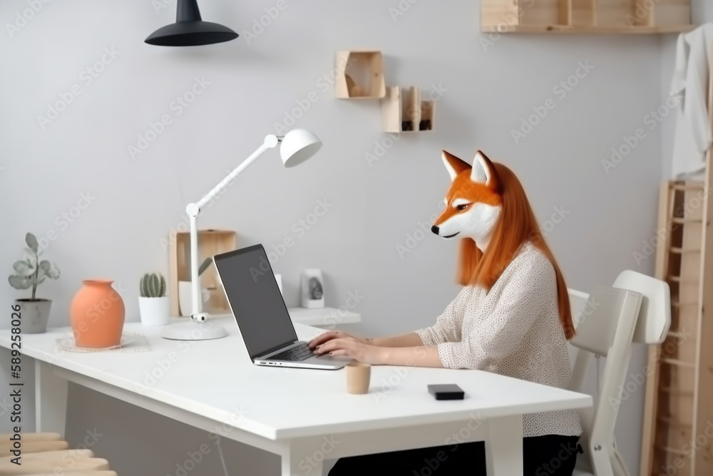 Woman with a head of a fox working from home in front of a computer ...