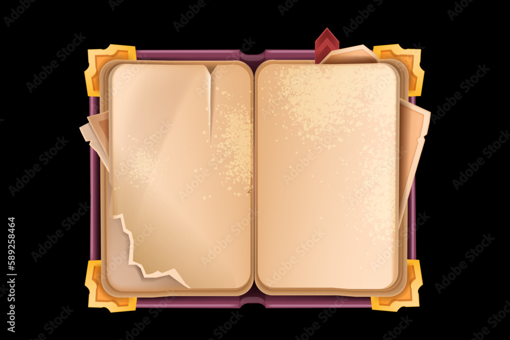 Magic book, vector fantasy game UI parchment background secret wizard ...