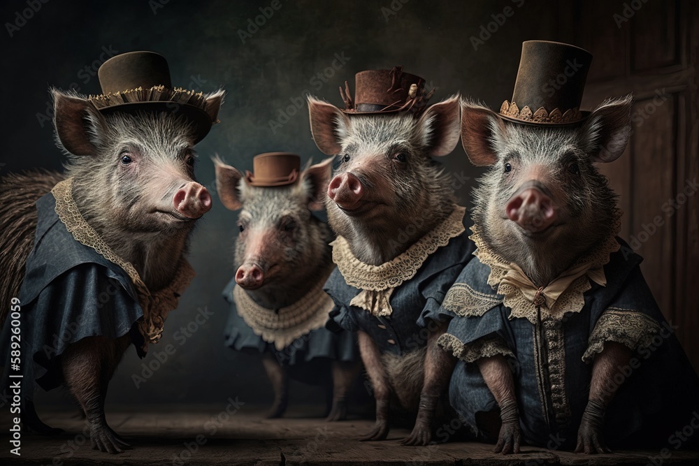 Wild boar pigs animals dressed in victorian era clothing illustration ...