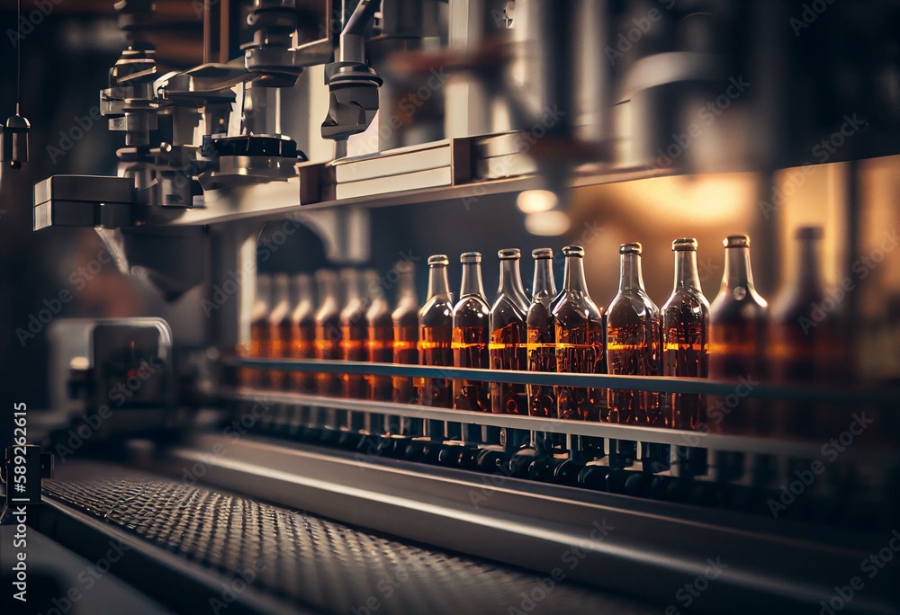 Bottling factory. Beverage production with conveyor belt machines ...