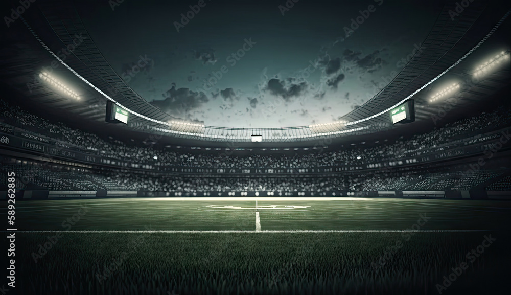 Panoramic view of foot ball or soccer arena stadium with grass field ...