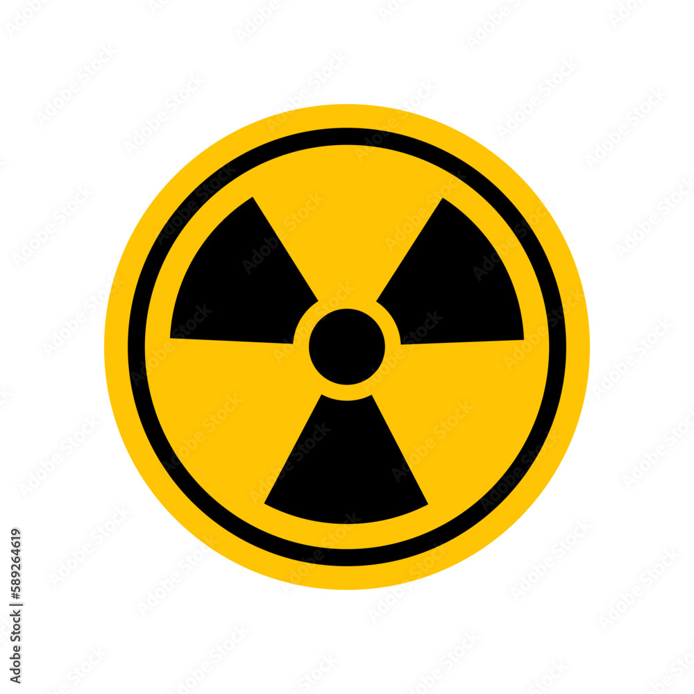 Ionizing radiation sign. Black danger icon on yellow round symbol ...