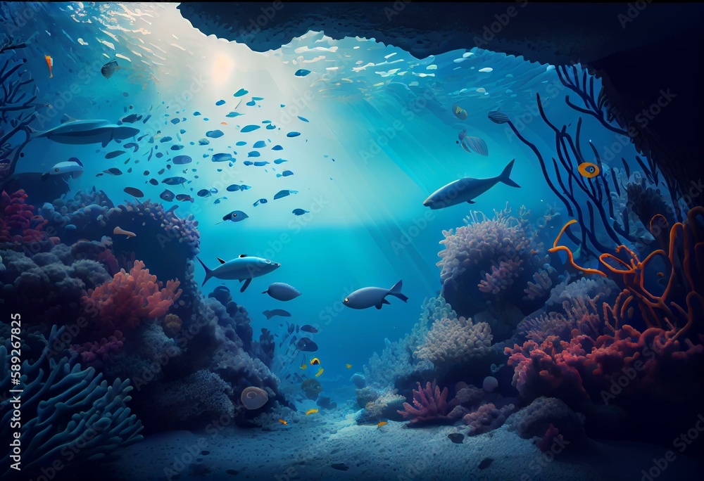Ocean underwater background with corals, algae and flocks of small fish ...