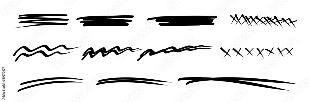 Line. Hand drawn marker line stroke set. Highlight underline and strike ...
