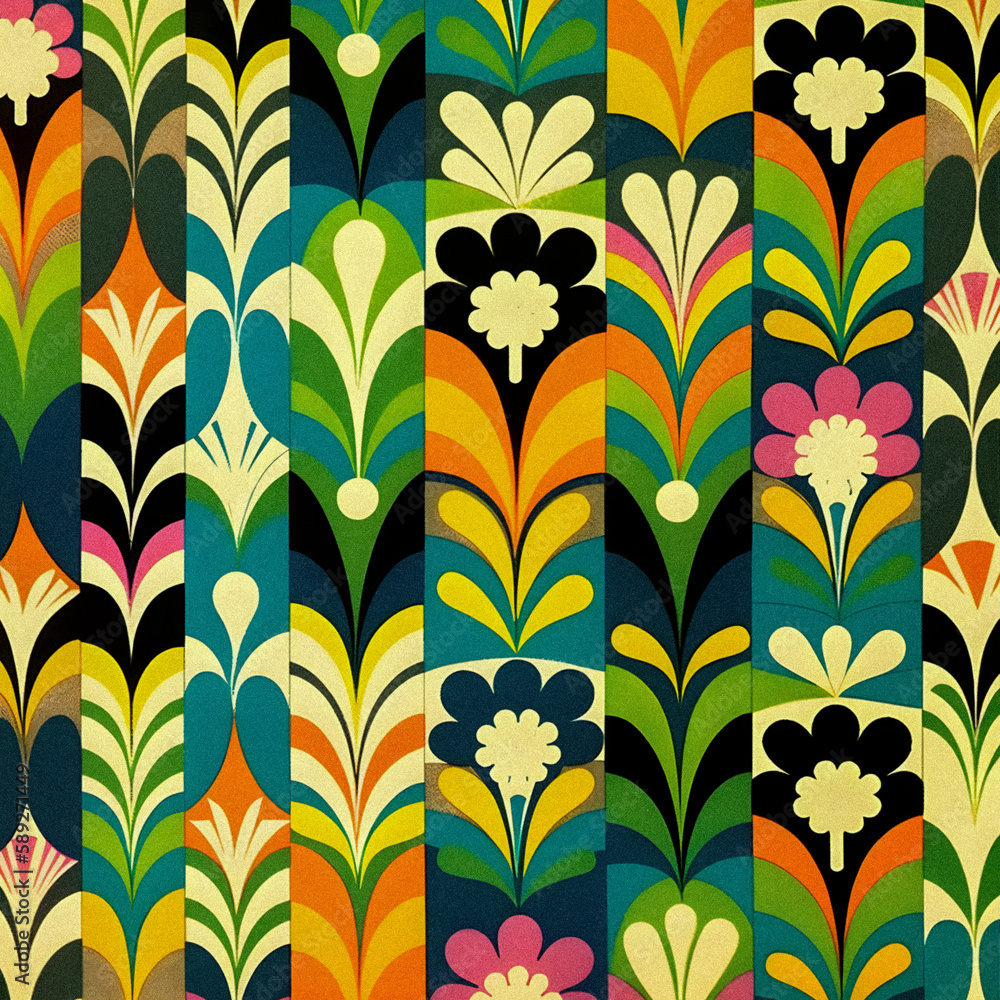 60s style pattern, floral retro background, granular texture ...