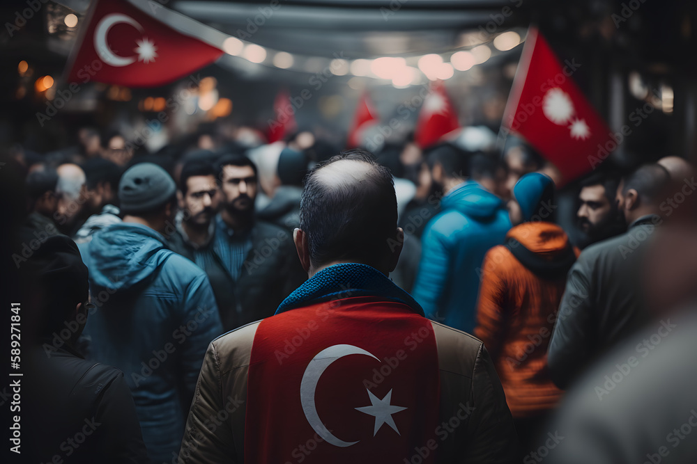 Poster Crowd of people walk through the streets of a Turkish city with ...