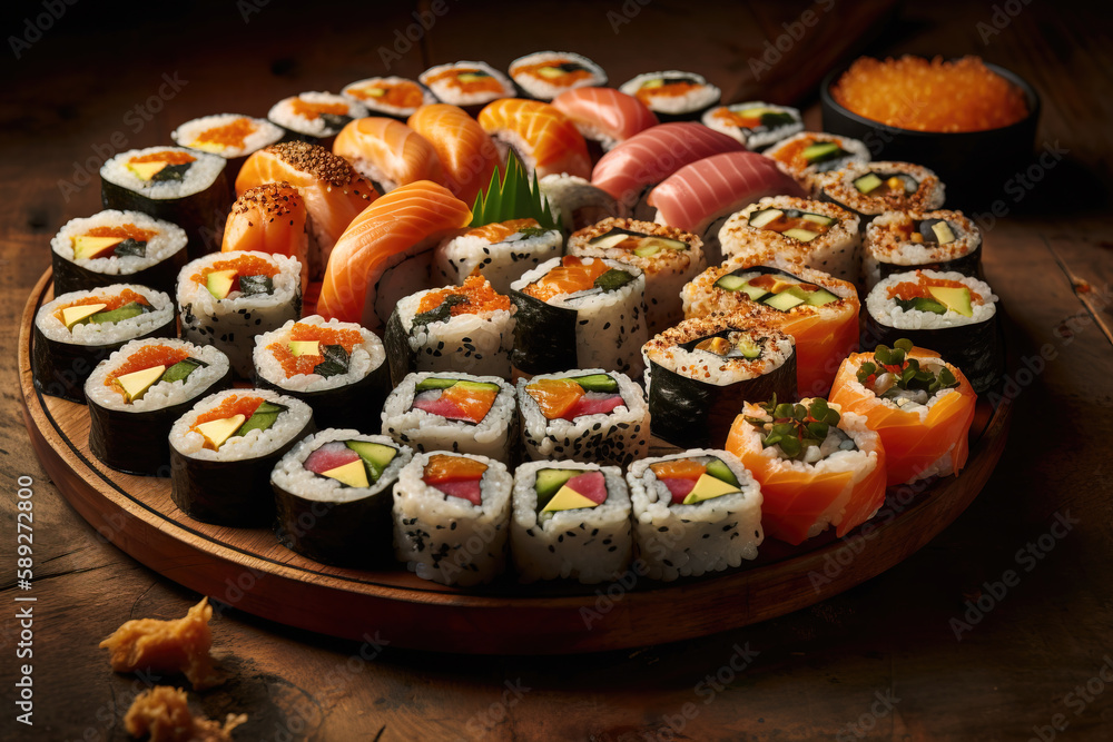 Overhead Japanese sushi food. Maki ands rolls with tuna, salmon, shrimp ...