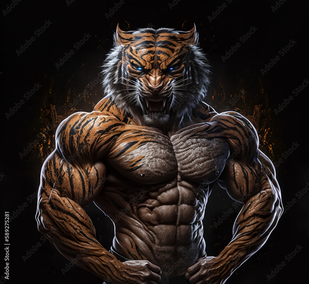 Portrait of a strong male tiger in a gym. Bodybuilding concept ...