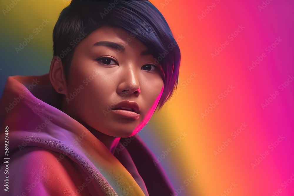 Portrait of a beautiful asian woman on a colorful background, banner ...