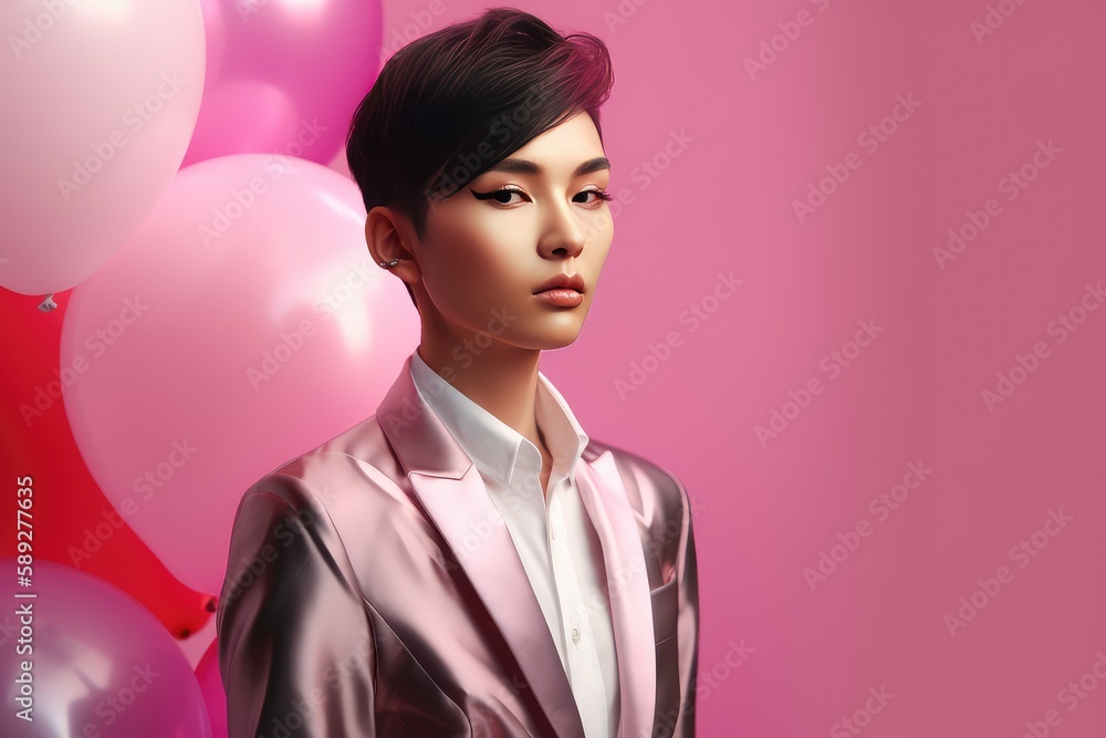 Fashion portrait of a beautiful asian non binary person at prom with ...