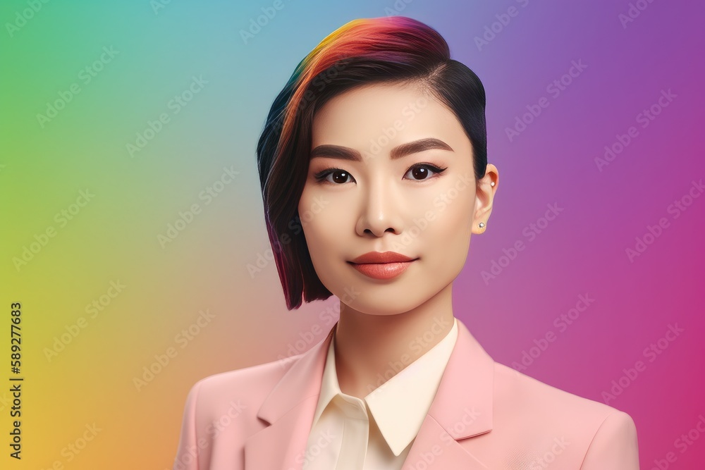 Beautiful young asian woman in pink suit on colorful rainbow gradient ...