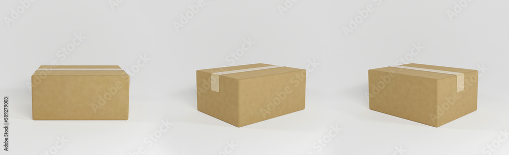 Realistic cardboard box mockup set from side, front view open and ...