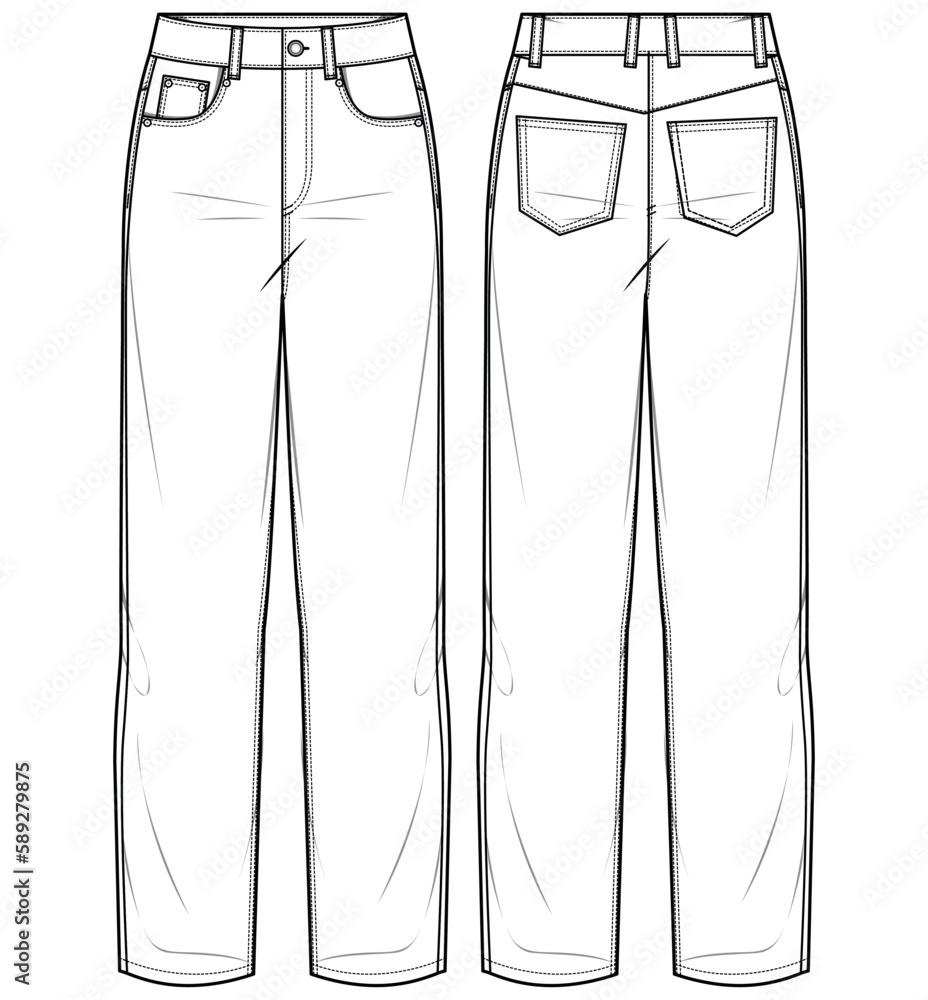 Women Flare denim jeans trouser pants front and back view flat sketch ...