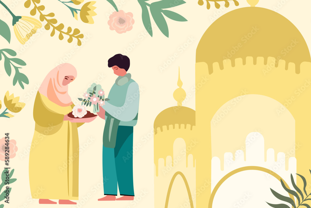 Celebrating Together: A Joyful Muslim Community with Mosque Silhouette ...