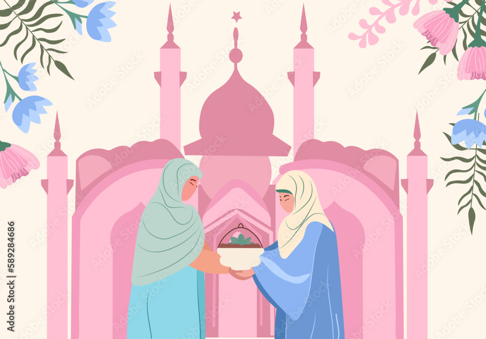 Celebrating Together, A Joyful Muslim Community with Mosque Silhouette ...