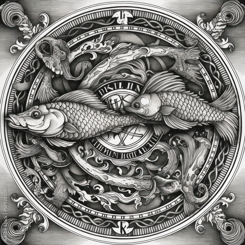 Celtic-style black and white zodiac sign Pisces created with generative ...