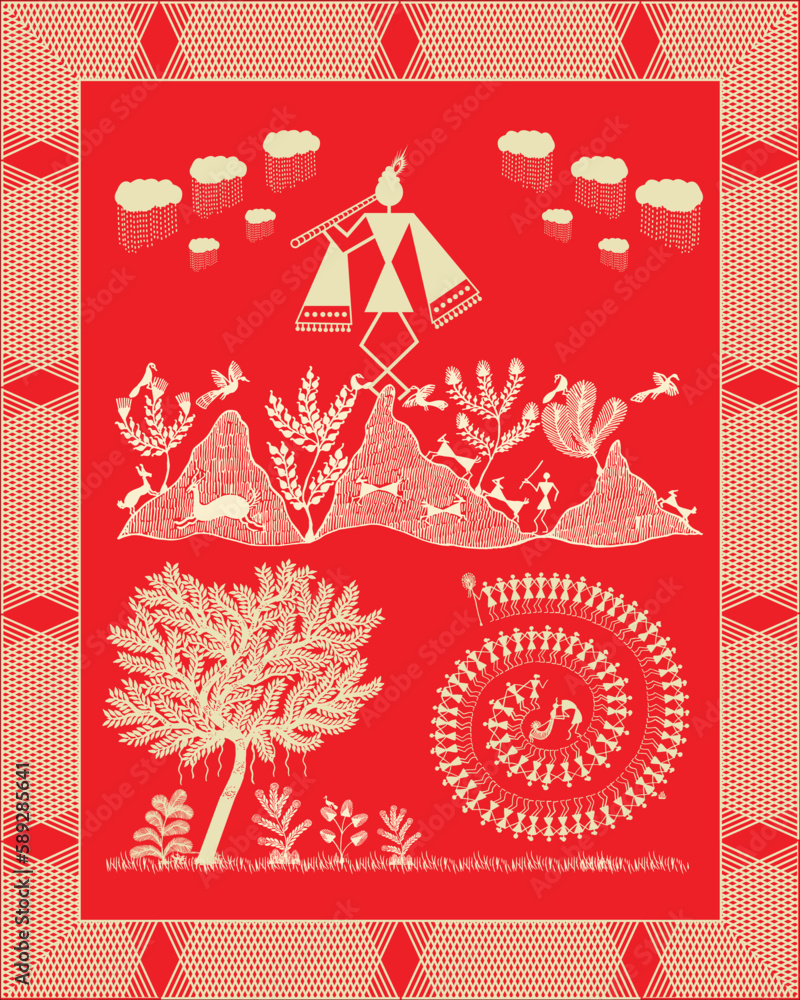 Shri krishna leela, Indian traditional dance showing in beautiful warli ...