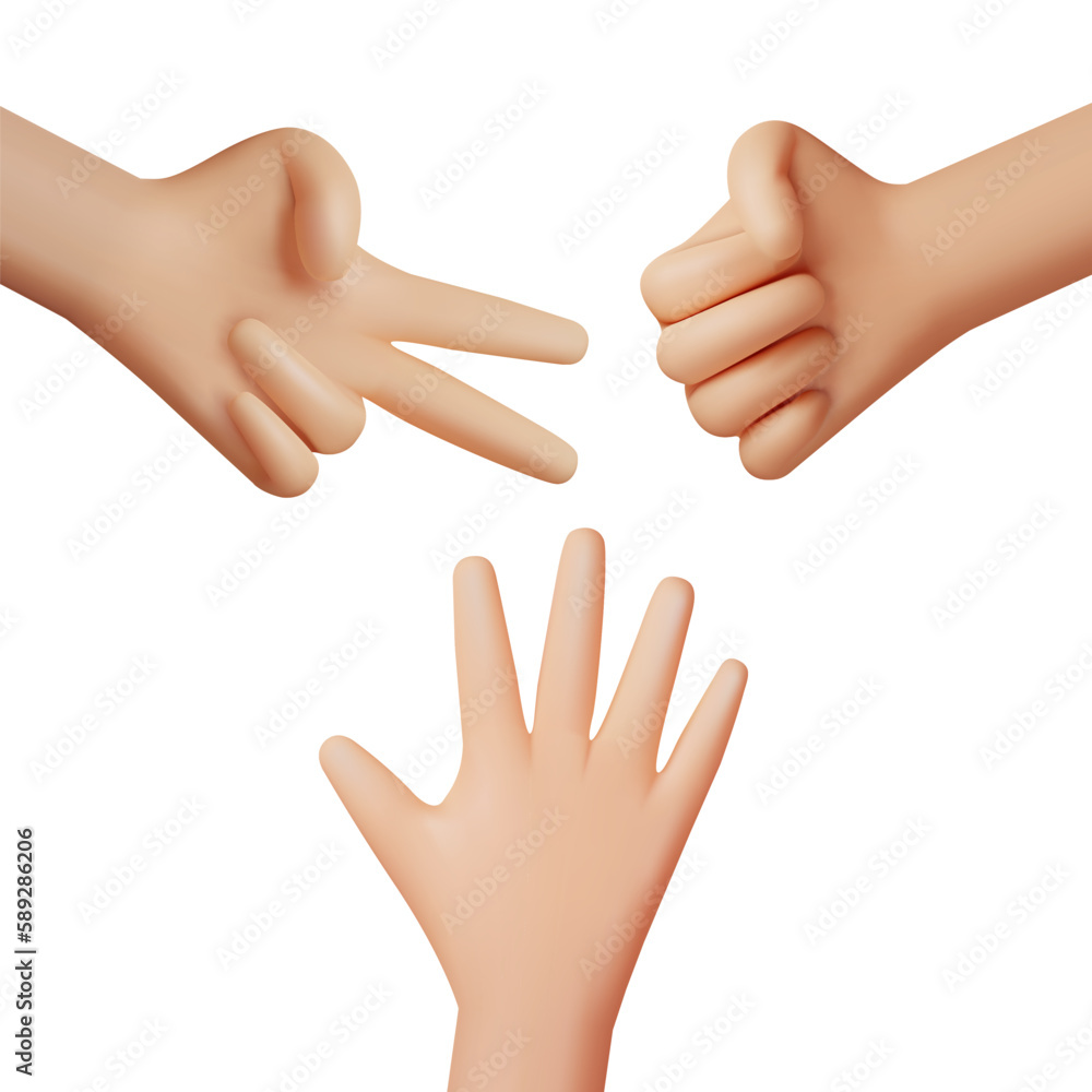 3D Rock Paper Scissors Game Isolated. Render Hand Gestures Set. Cartoon ...